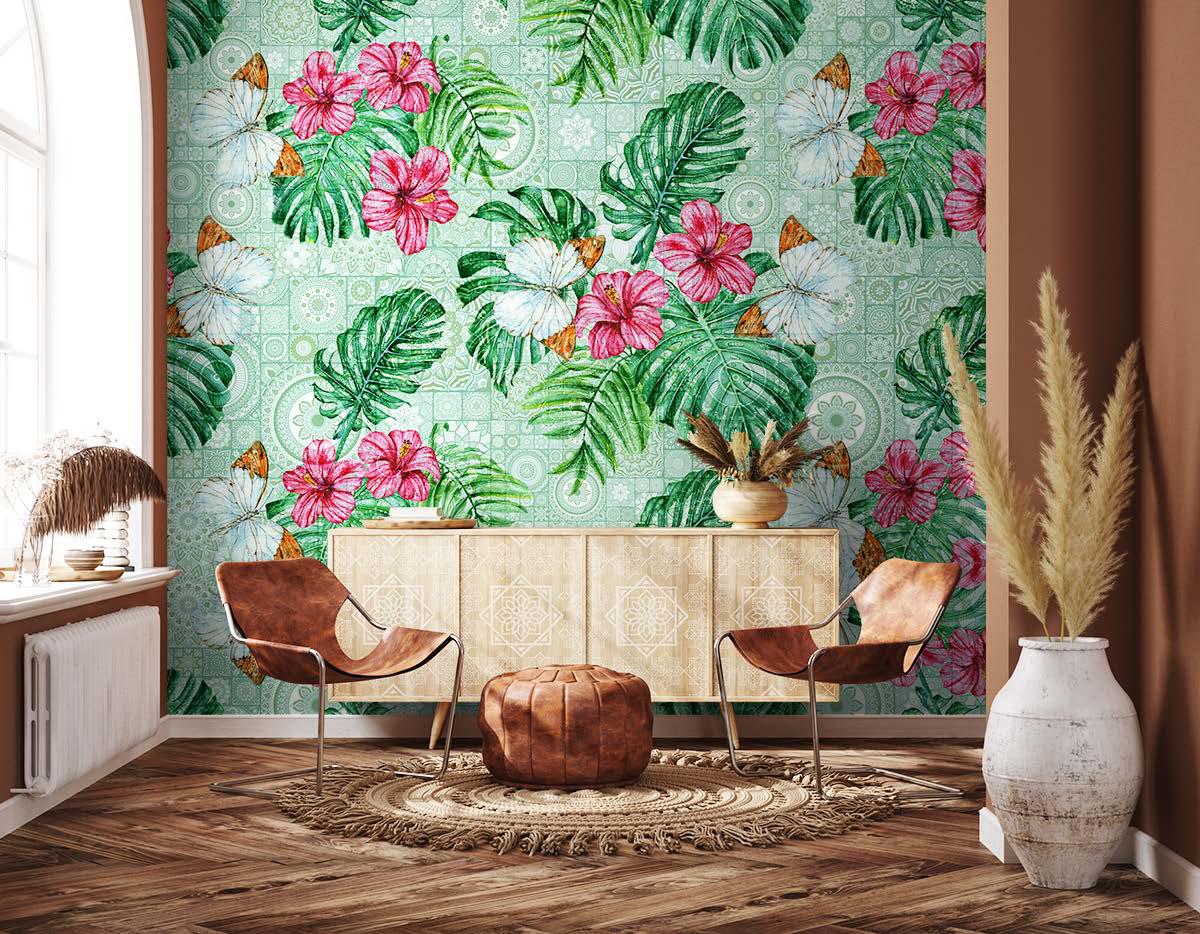 Blooming Palm Pattern Floral Wallpaper – Myindianthings