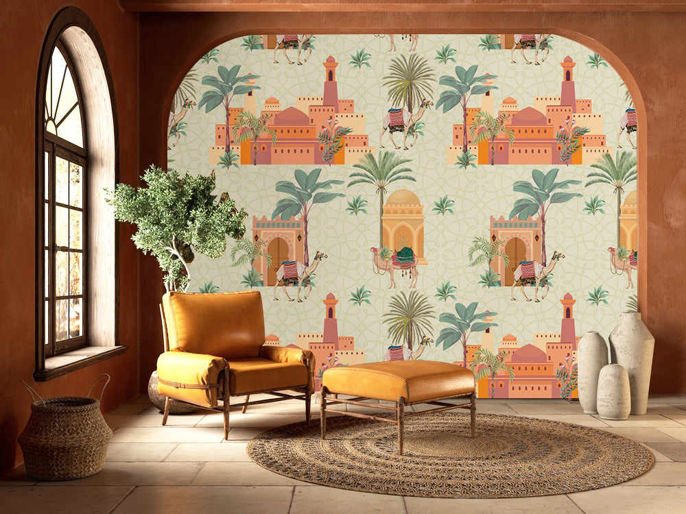 Camels and Palm Tress Combination Indian Pattern Wallpaper – Myindianthings