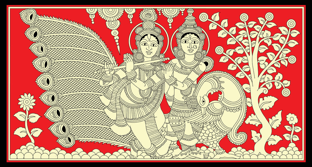 Lord Krishna And Radha Kalamkari Out Line Art Wallpaper – Myindianthings