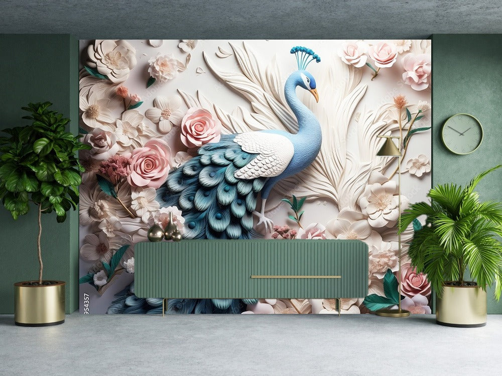 Pretty Roses Designed 3D Peacock Wallpaper – Myindianthings