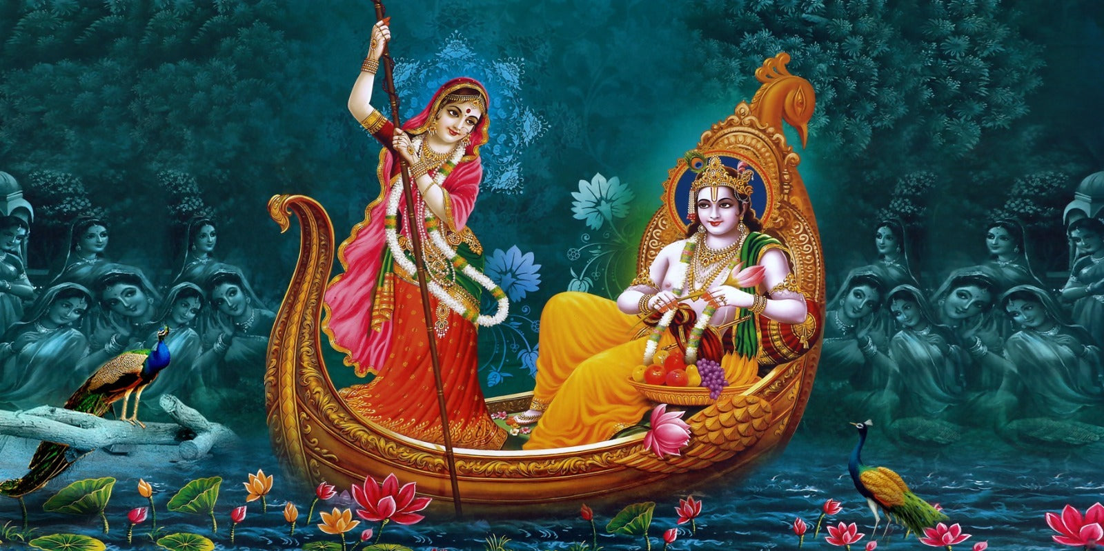 Radha Krishna Painting With Boat Painting Wallpaper – Myindianthings