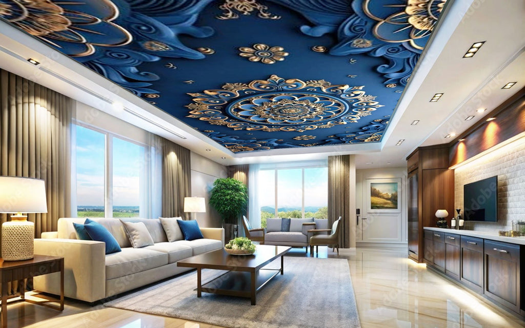 Realistic Golden And Blue Mandala Art Ceiling Wallpaper – Myindianthings
