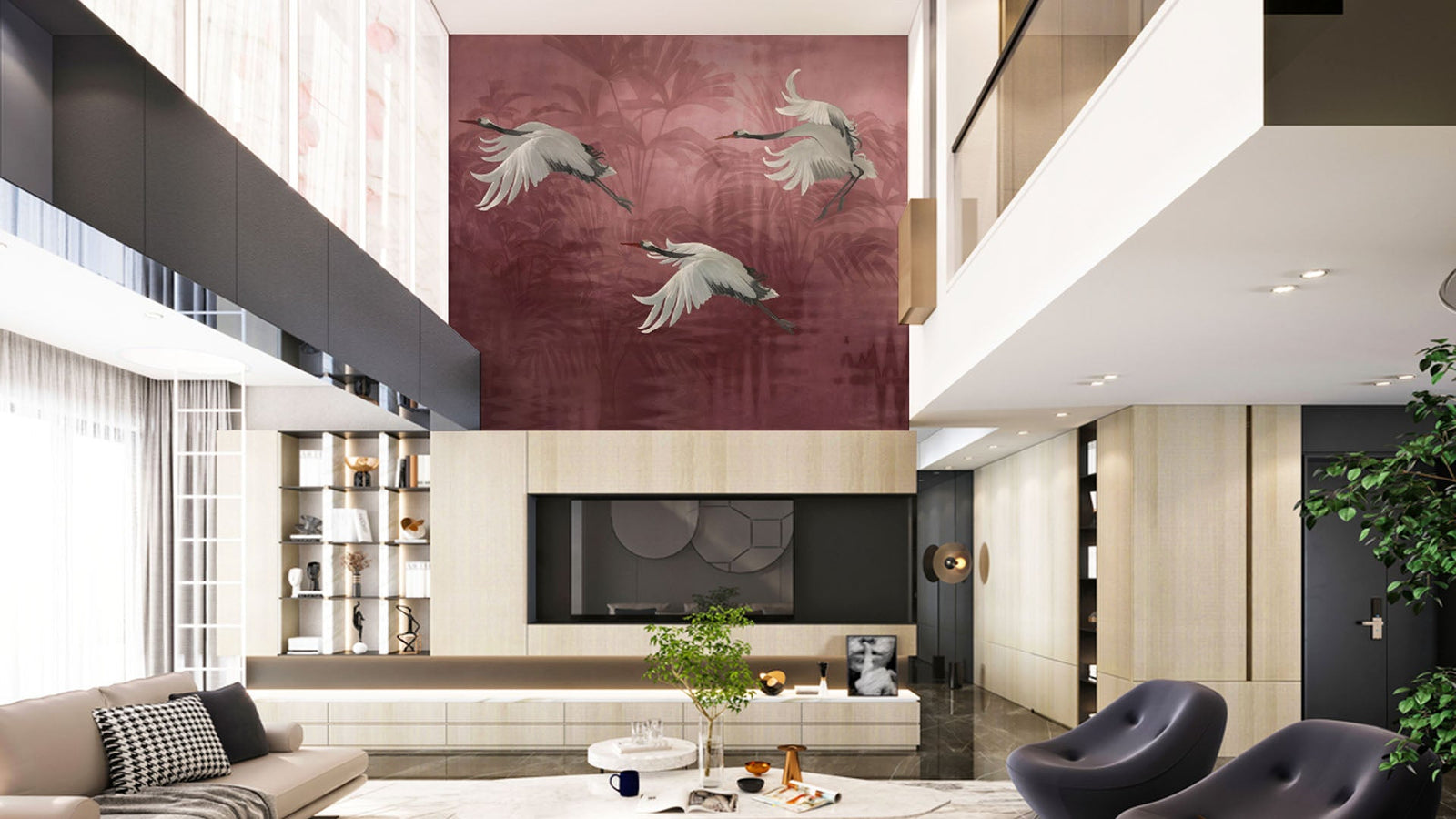 Soaring Cranes Pattern Abstract Wallpaper – Myindianthings