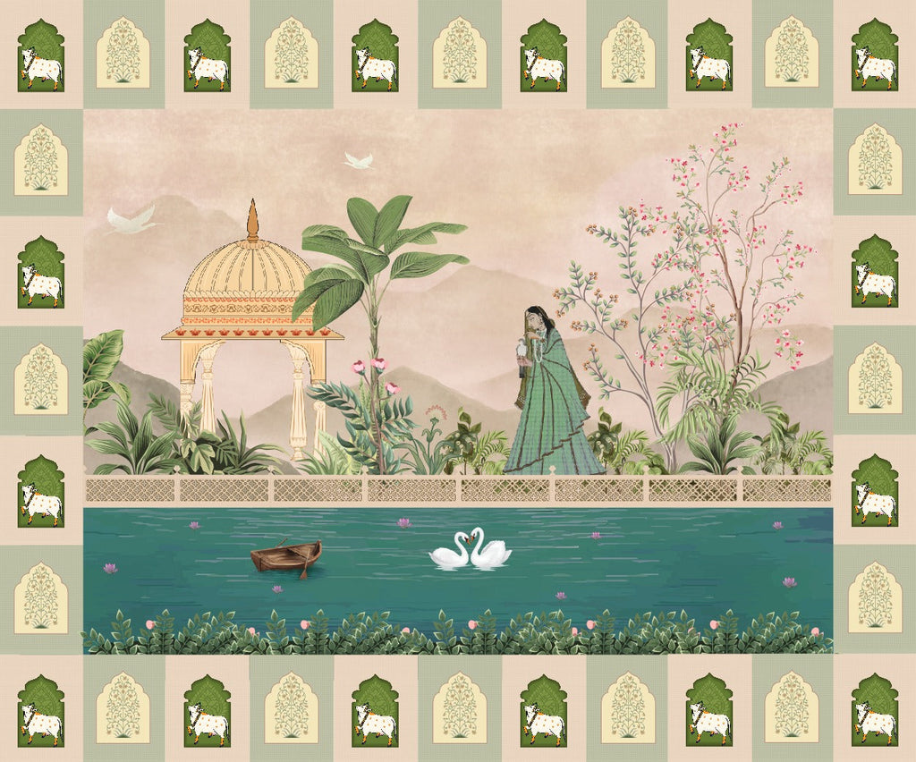 Traditional Mughal And Cow Pichwai Combined Classic Indian Pattern Wal ...