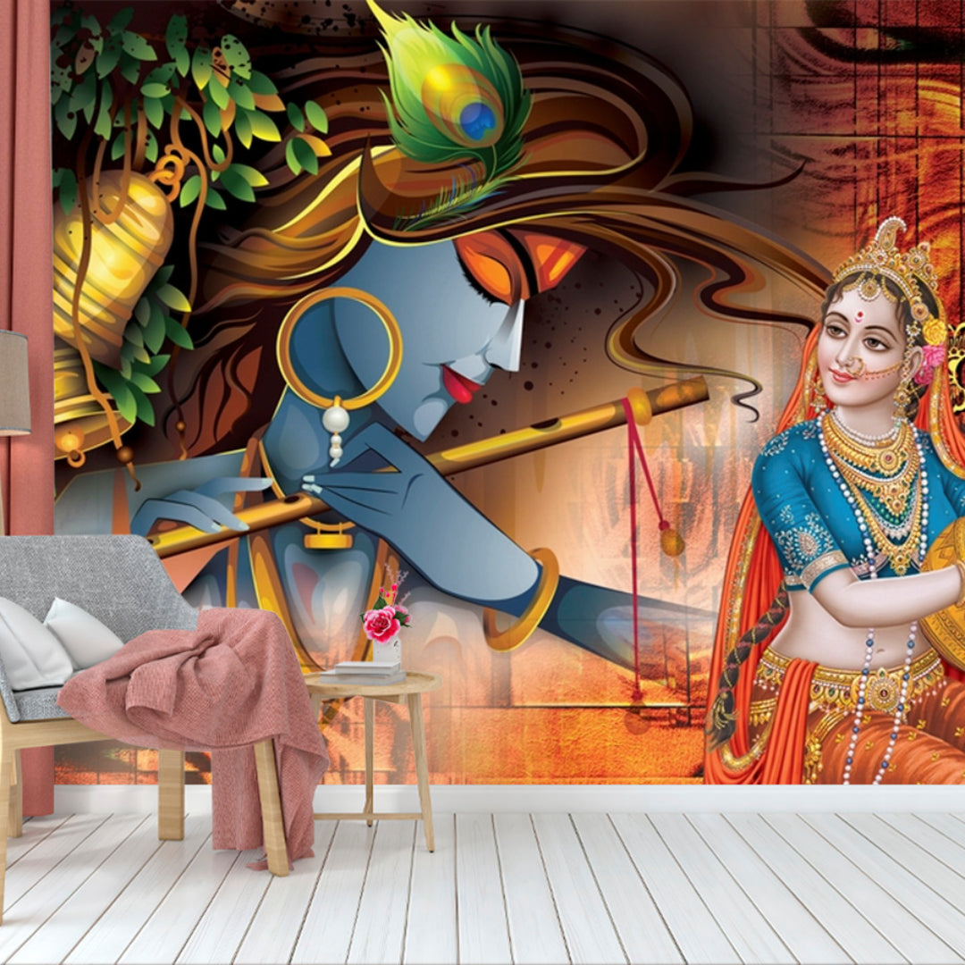 Golden Painting Of Kahna With Radha Wallpaper – Myindianthings