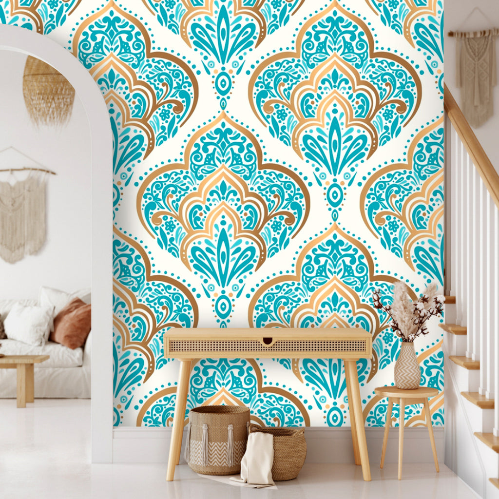 Modern Turquoise Wallpaper Turquoise Blue With Brown Leaves Design